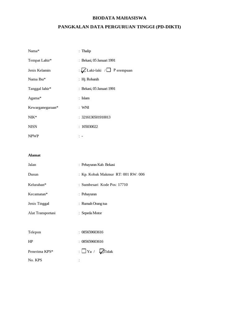 Form Biodata Mahasiswa (PD-Dikti) | PDF