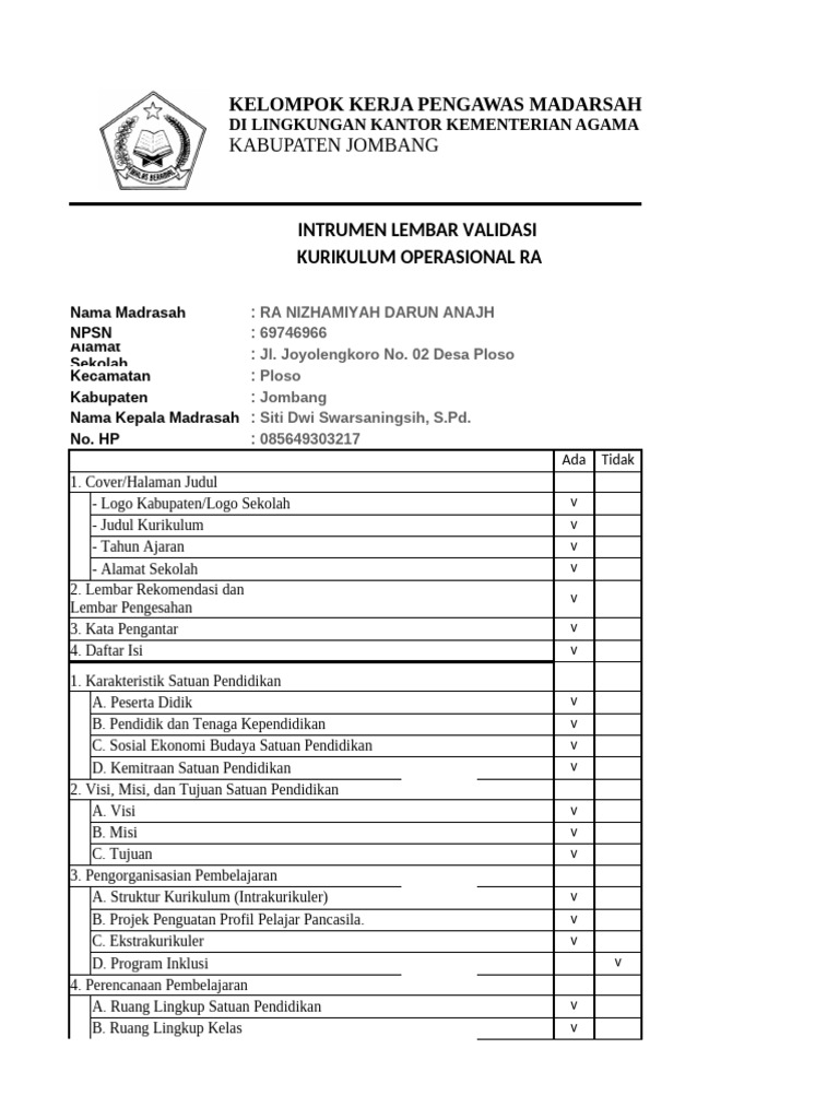 Validasi Kurikulum RA Nizh. | PDF