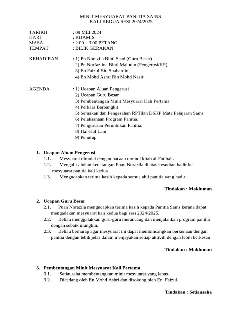 Minit Mesyuarat Panitia Sains Kali Kedua | PDF
