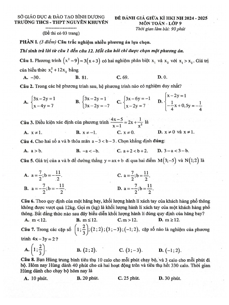 De Giua Ki 1 Toan 9 Nam 2024 2025 Truong Thcs THPT Nguyen Khuyen Binh Duong | PDF