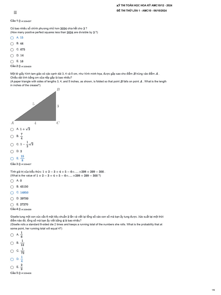 AMC10 2024.thi Thu Lan 1 | PDF
