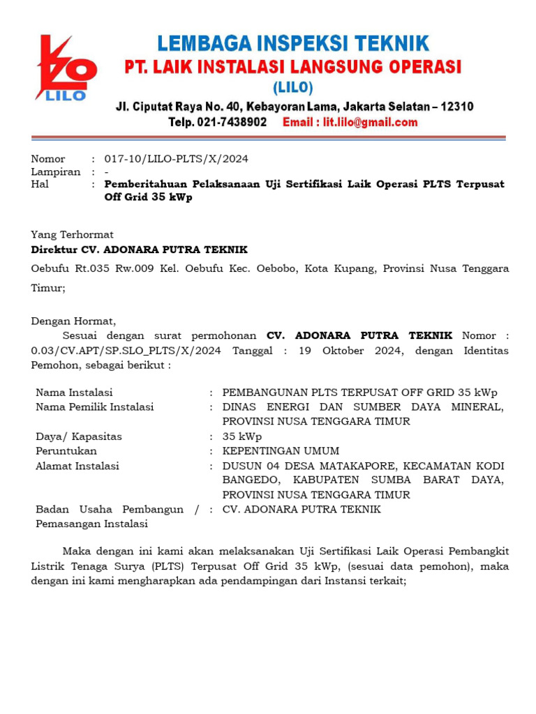 Surat Pemberitahuan Jadwal Pemeriksaan SLO PLTS MATAKAPORE - APT | PDF ...