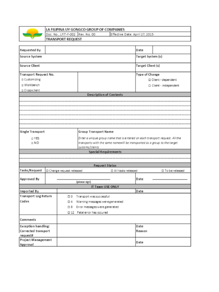 LFIT-F-002 Rev 00 Transport Request | PDF