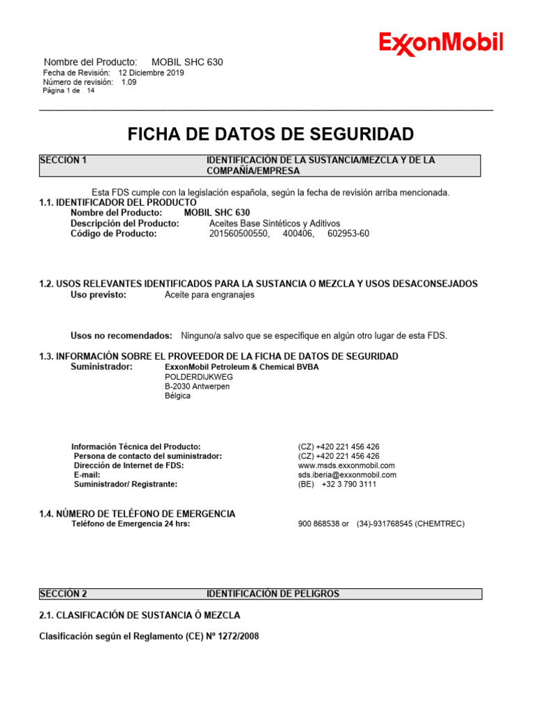 Mobil-Shc-630 - Ficha de Seguridad | PDF | Residuos | Agua
