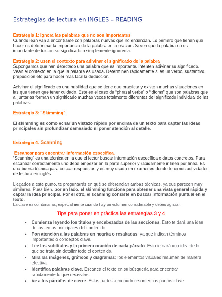 Estrategias de Lectura en INGLES | PDF | Palabra | Comunicación humana