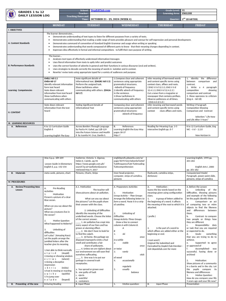 DLL - English 6 - Q2 - W4 | PDF | English Language | Information