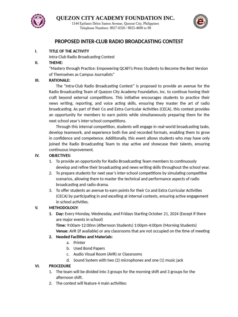 Intra-Club Radio Broadcasting Contest Proposal | PDF | Entertainment ...