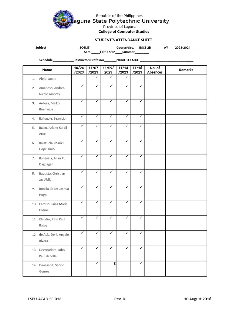 Lspu Attendance BSCS 2B - 2 | PDF