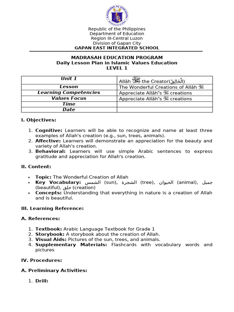 Unit 1 Lesson Learning Competencies Values Focus Time Date: Gapan East Integrated School | PDF ...