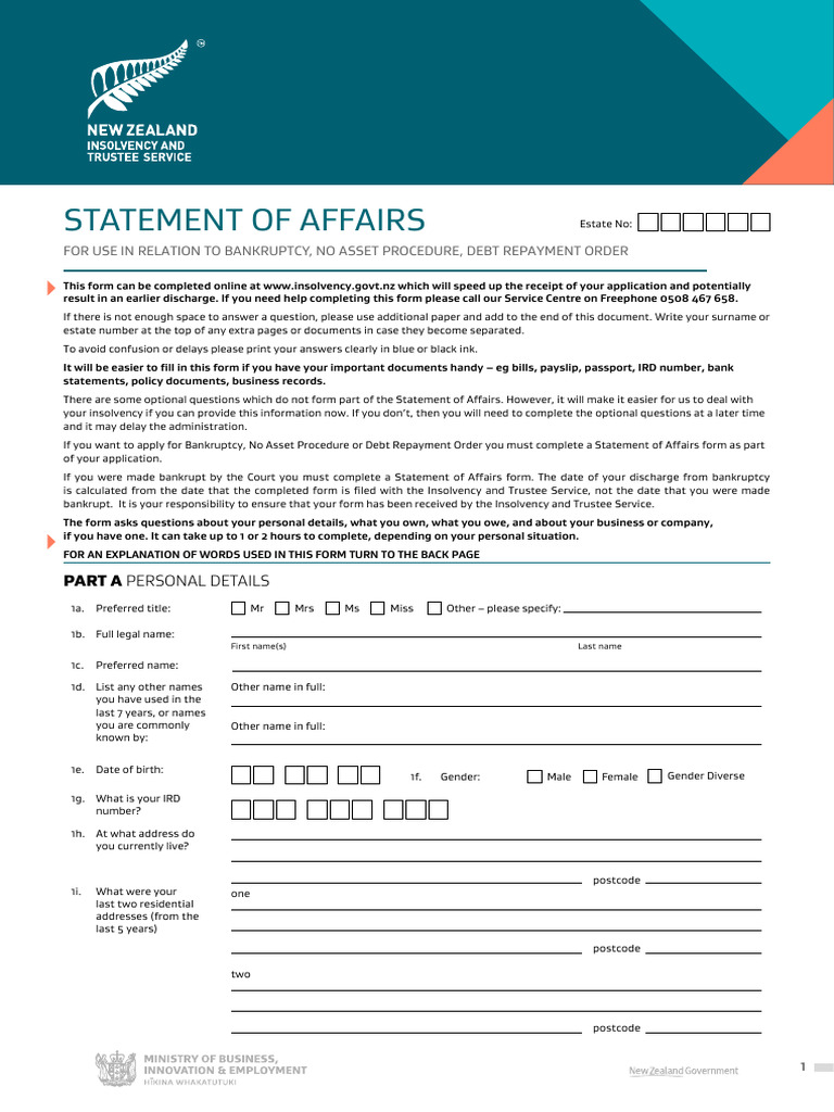 Statement of Affairs - For Use in Relation To Bankruptcy, No Asset ...