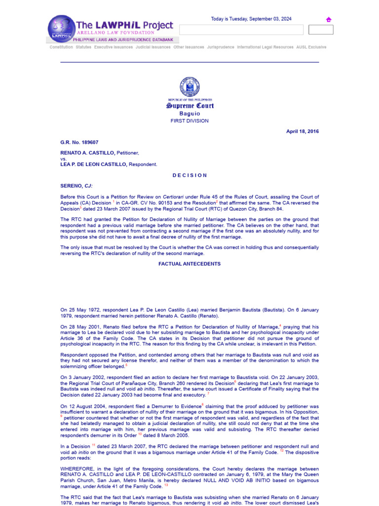 Castillo v. Castillo | PDF | Annulment | Justice