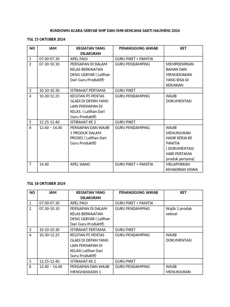 Rundown Acara Gebyar SMP Dan SMK Kencana Sakti Haumeni 2024 | PDF