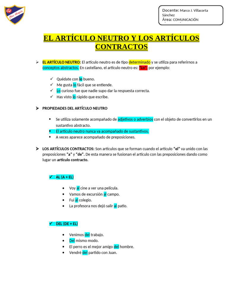 El Artículo Neutro y Los Artículos Contractos | PDF