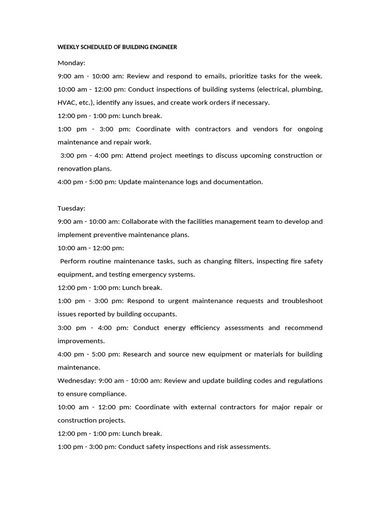 Weekly Schedule for Building Engineer | PDF | Fire Safety