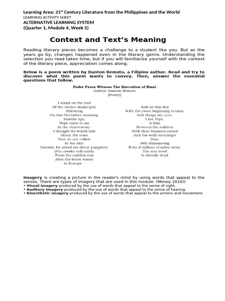 Analyzing Imagery in Filipino Poetry | PDF