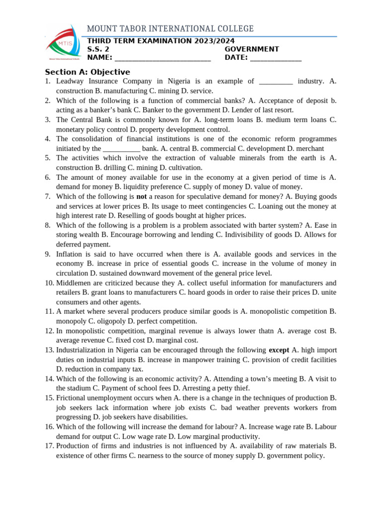 SS1 & 2 Econs - 2nd Term Exam | PDF | Labour Economics | Economics