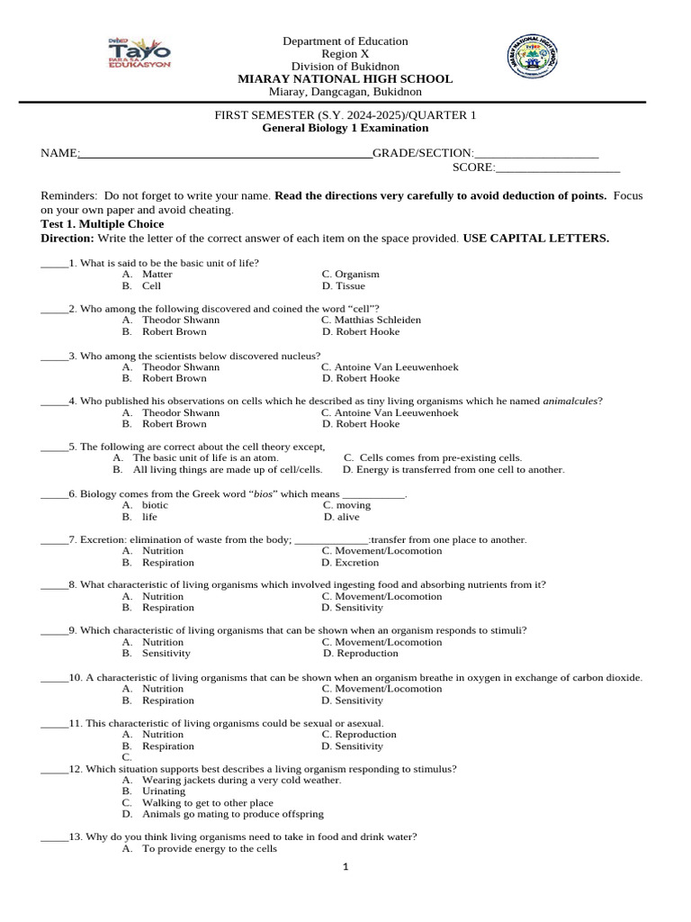 GEN BIO 1 1st qrter Exam | PDF | Cell (Biology) | Organelle
