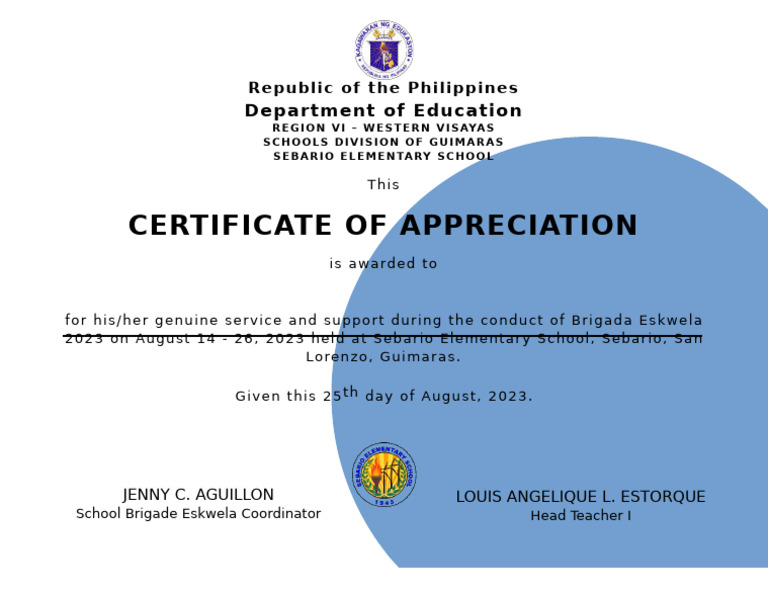 Certificate of Appreciation For Brigada Eskwela | PDF