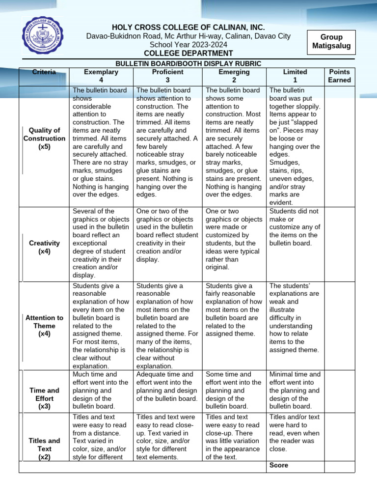 Bulletin Board Display Rubric | PDF | Creativity | Graphics