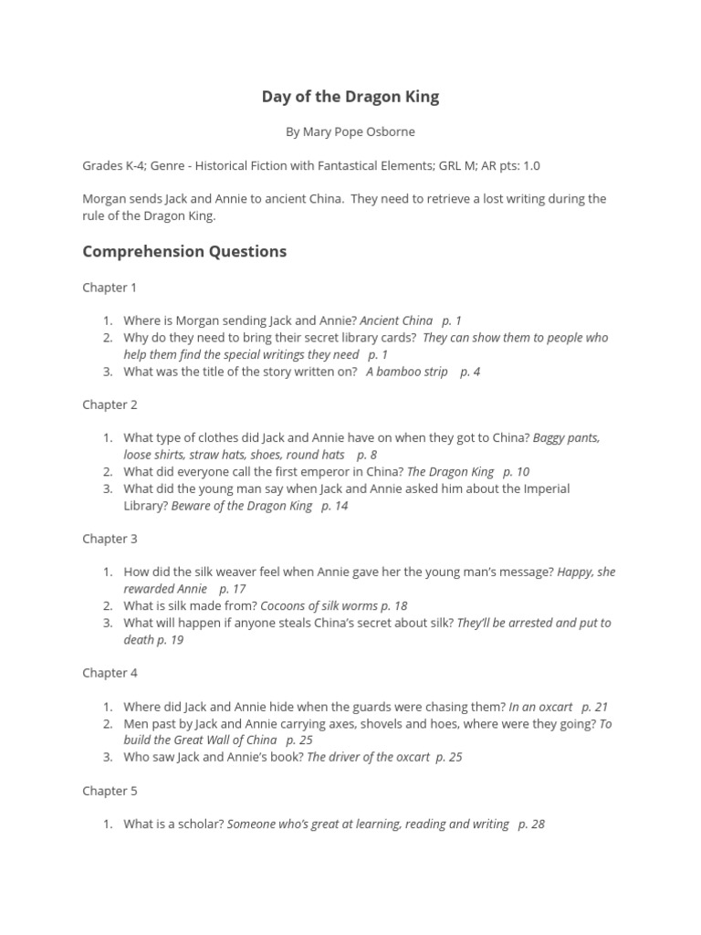 Day of the Dragon King - Comprehension Questions with Answer | PDF