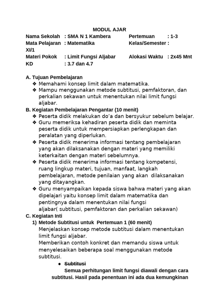 Modul Ajar Limit Fungsi | PDF