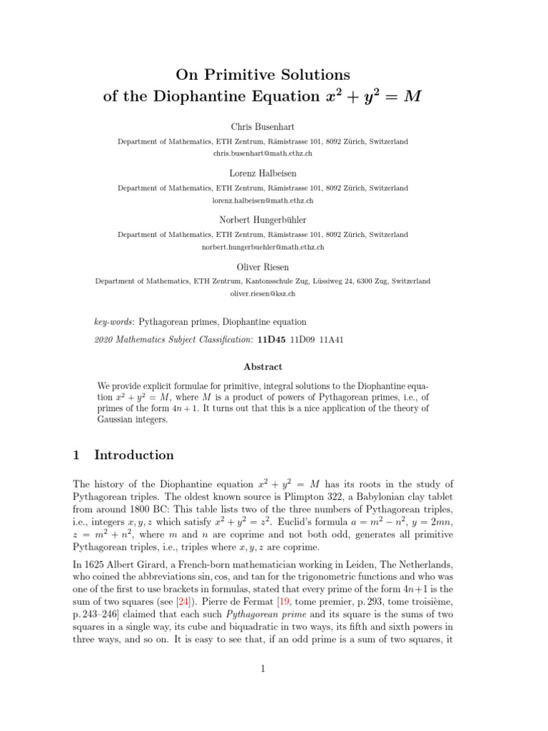 On Primitive Solutions of The Diophantine Equation x2 + Y2 M | PDF | Prime Number | Discrete ...
