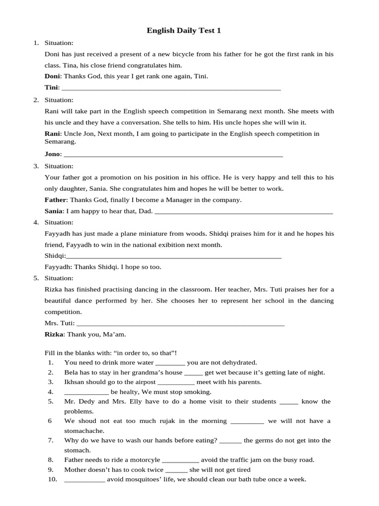 English Daily Test: Conversations & Grammar | PDF