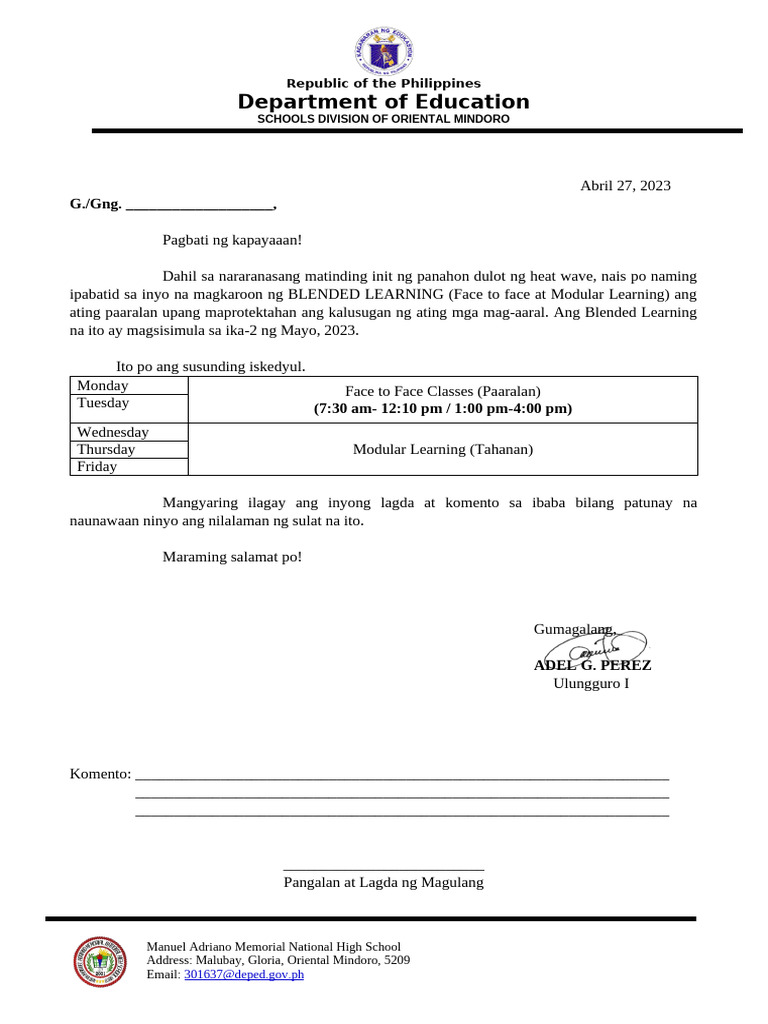 Letter To Parents For Blended Learning. | PDF