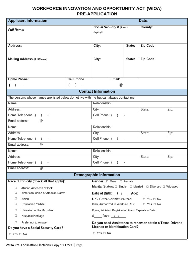 WIOA Pre-Application Form Guide | PDF | Employment | Layoff