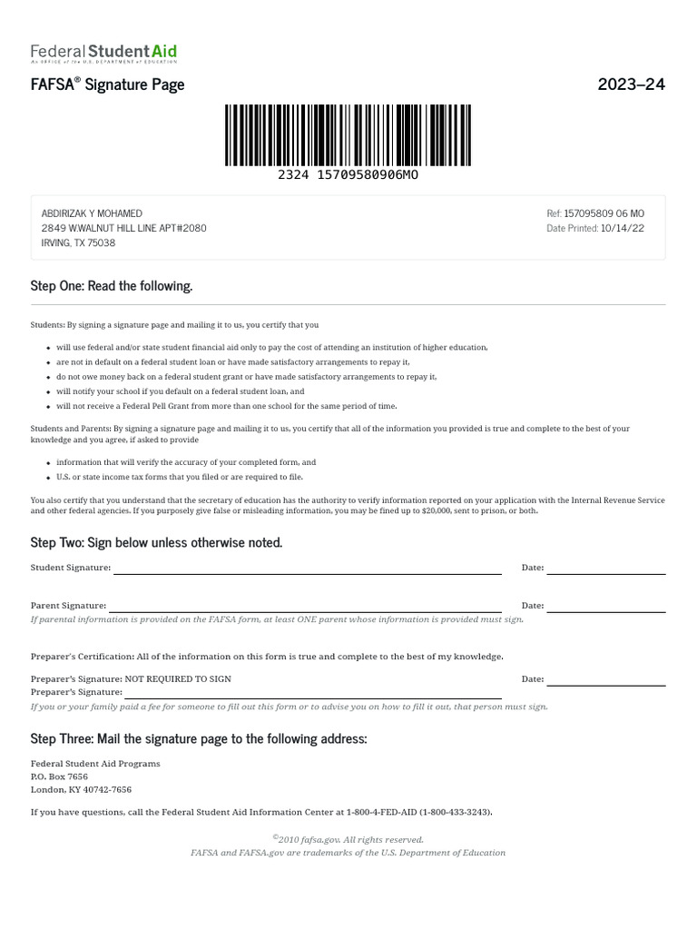 2023-2024 Standalone Print Signature - FAFSA Appl | PDF | Student Financial Aid In The United ...