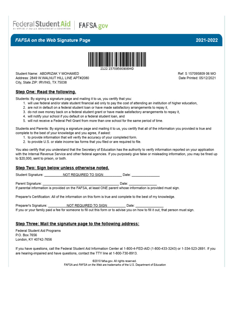 FAFSA Signature Page Instructions | PDF | Student Loan | Student ...