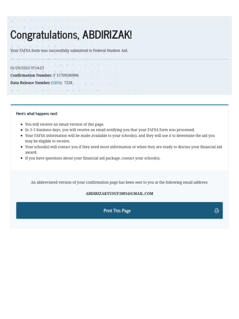 FAFSA Submission Confirmation | PDF | Career & Growth