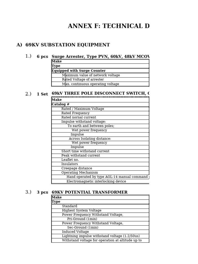 69kV Substation Equipment Technical Data | PDF | Insulator (Electricity ...