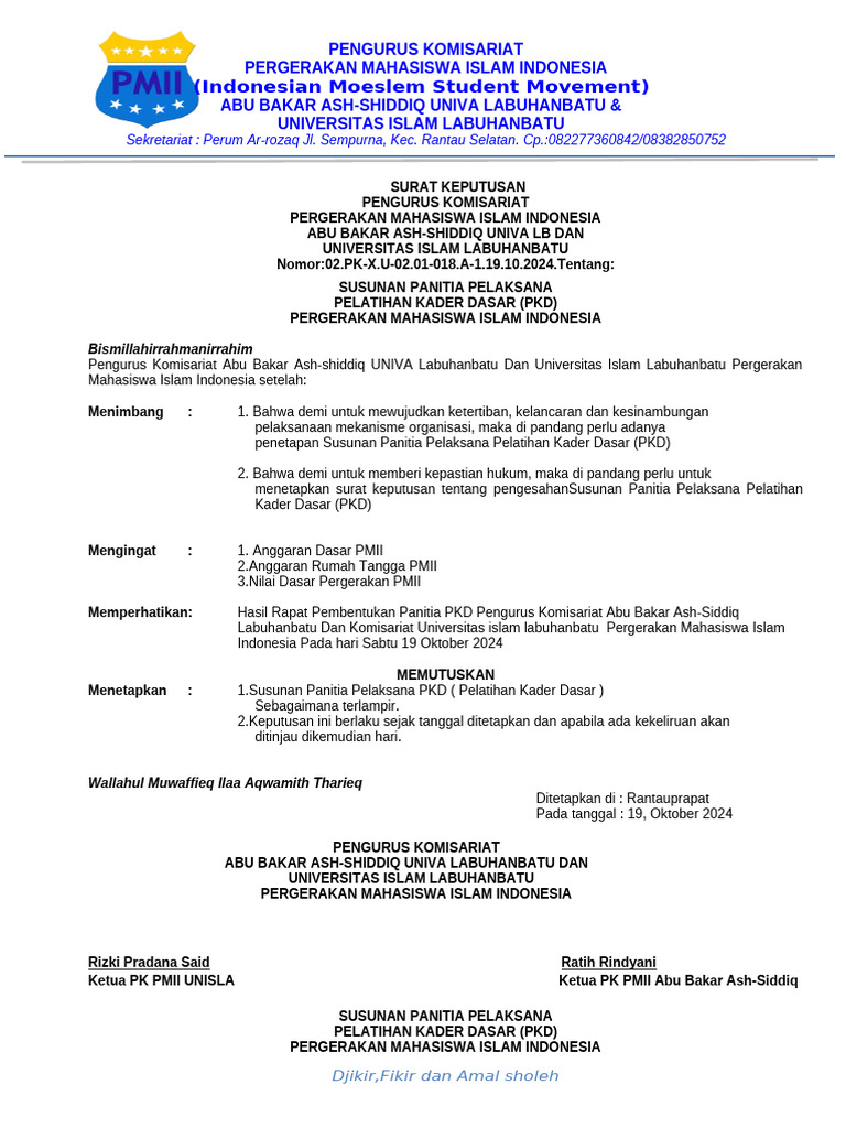 Susunan Panitia PKD PMII Labuhanbatu | PDF