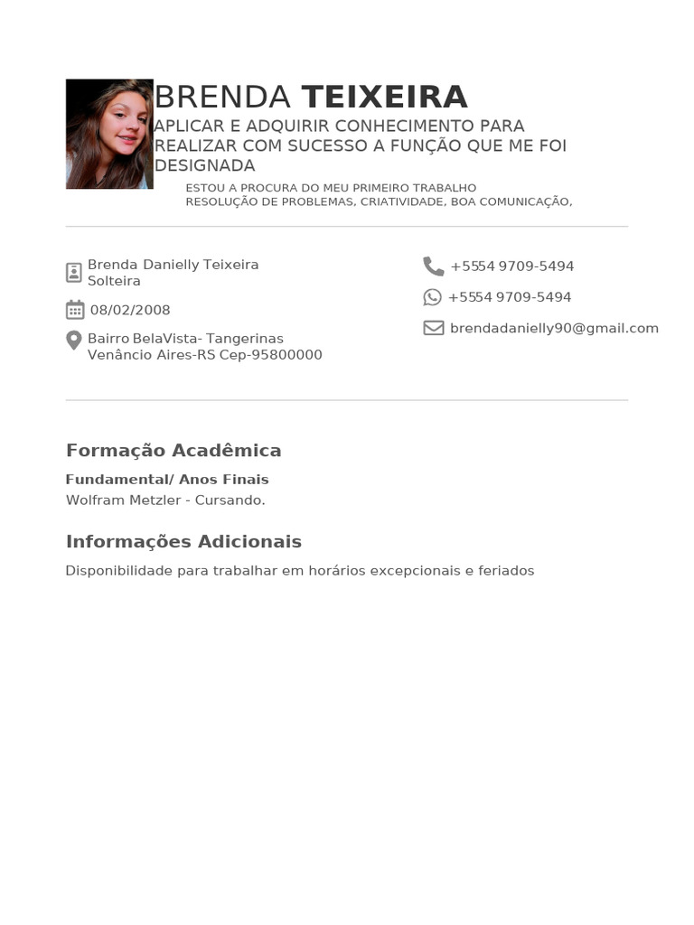 Currículo de Brenda Teixeira - Primeiro Emprego | PDF