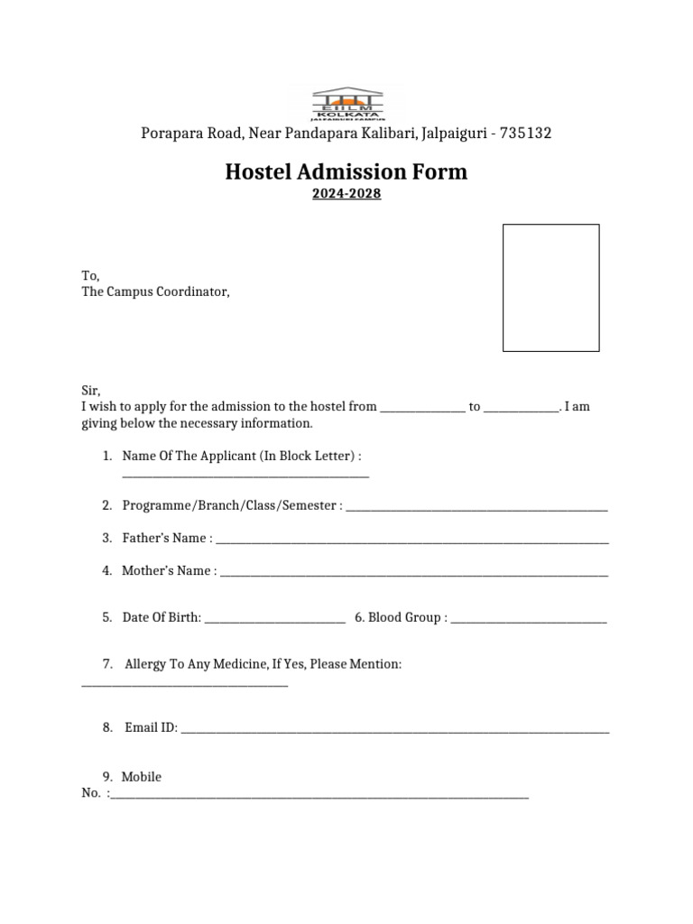 Hostel Admission Form | PDF | Lunch | Meal