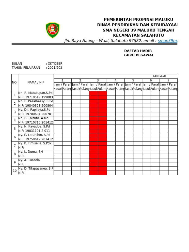 Absen Guru Oktober 2021 | PDF