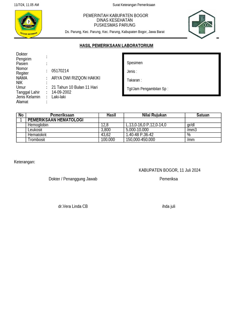 Hasil Cek Lab | PDF