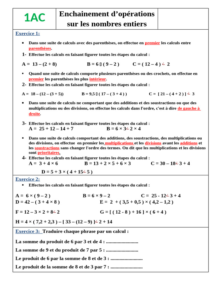 Opérations sur entiers et décimaux 1AC | PDF