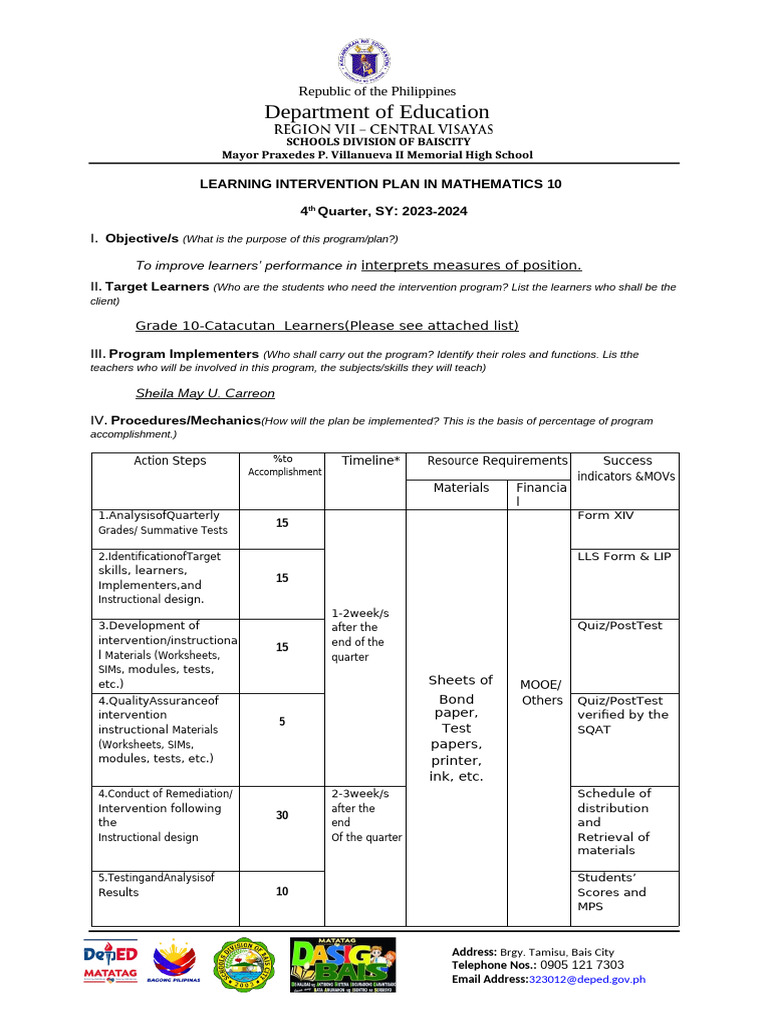 LIP-2023-2024-Q4-MATH 10 | PDF | Percentile