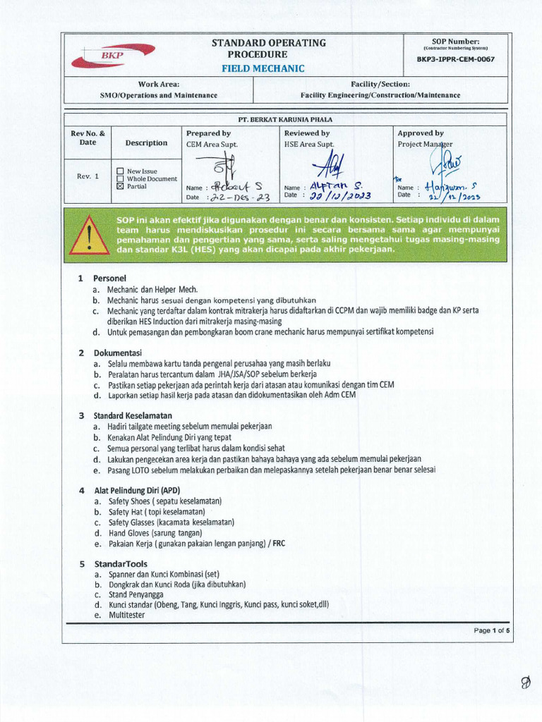 Sop Field Mechanic | PDF
