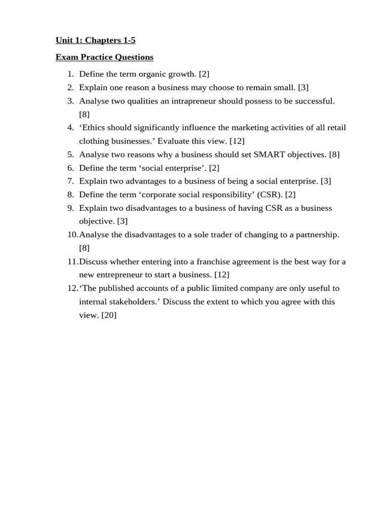 Unit 1 - Chapters 1 To 5 - Some Exam Style Practice Questions | PDF