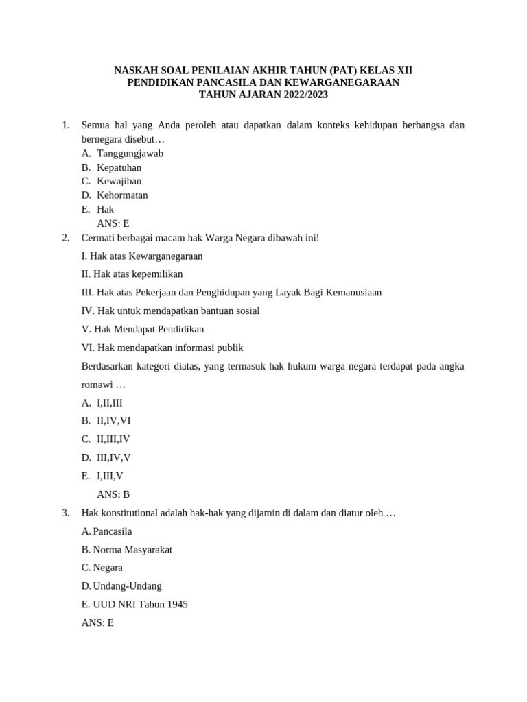 Naskah Soal PAT 2022-2023 - Kelas XII - PPKN | PDF | Hukum