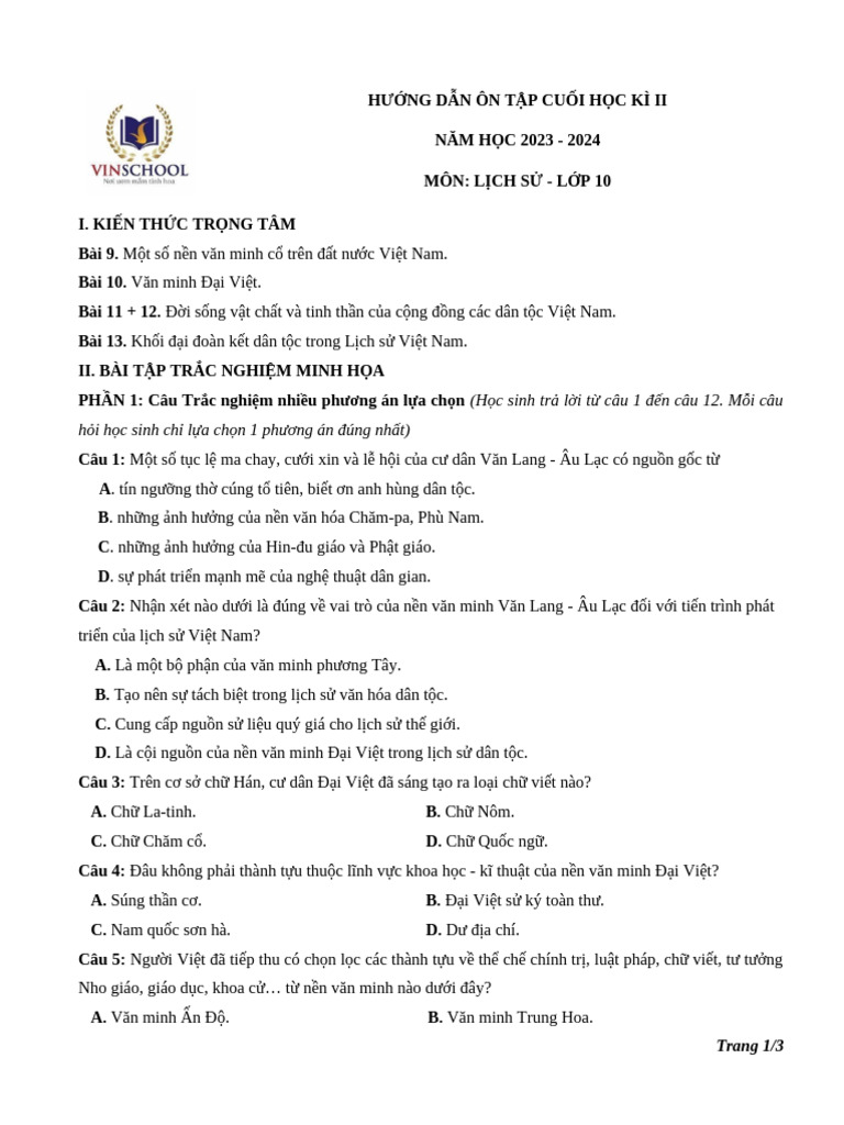 Su10 Huongdanontap CHKII | PDF