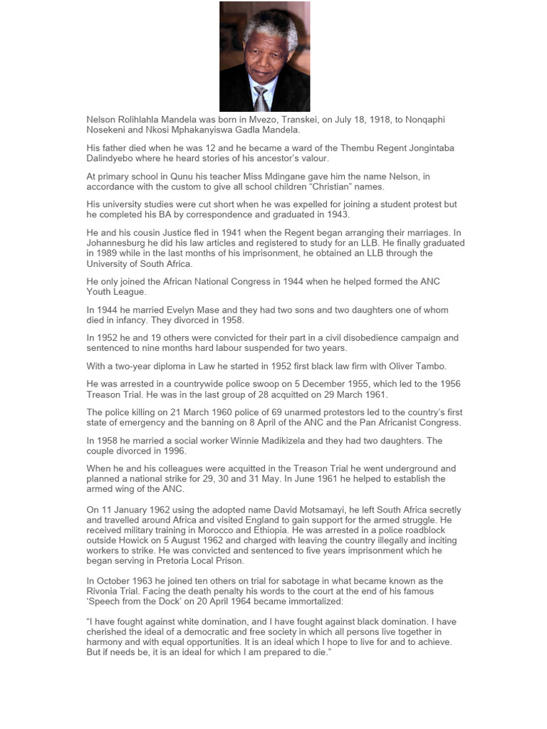 Nelson Mandela Abridged Bio | PDF | Nelson Mandela | Apartheid