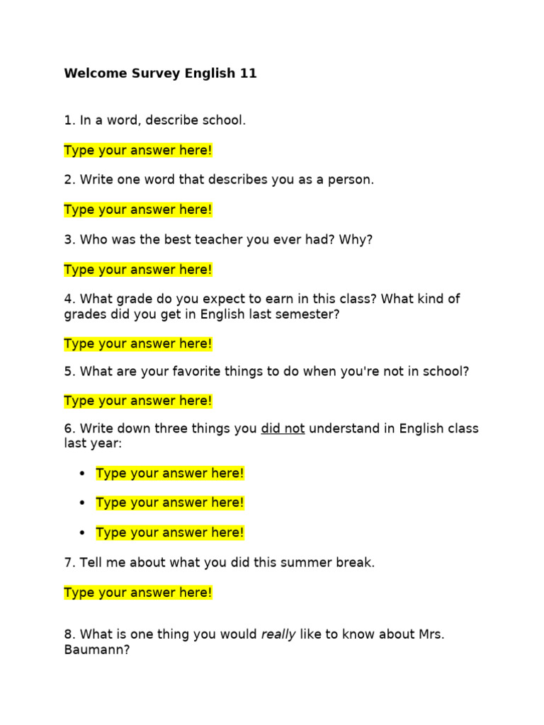 Welcome Survey English 3 | PDF