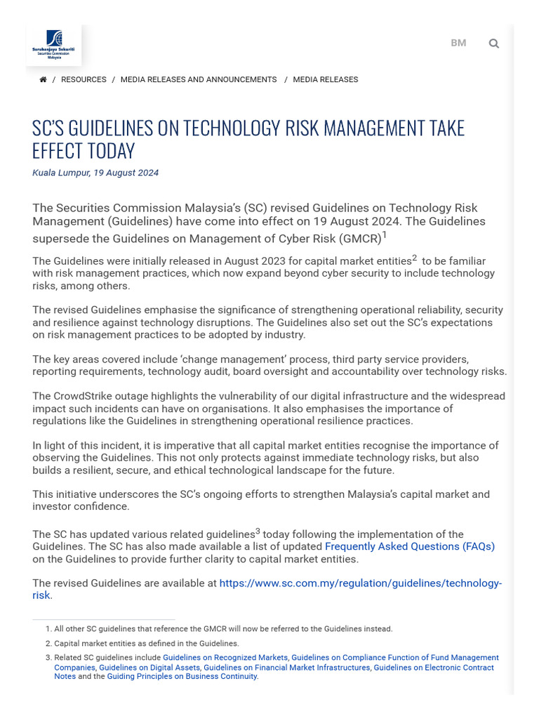 SC's Guidelines On Technology Risk Management Take Effect Today | PDF ...