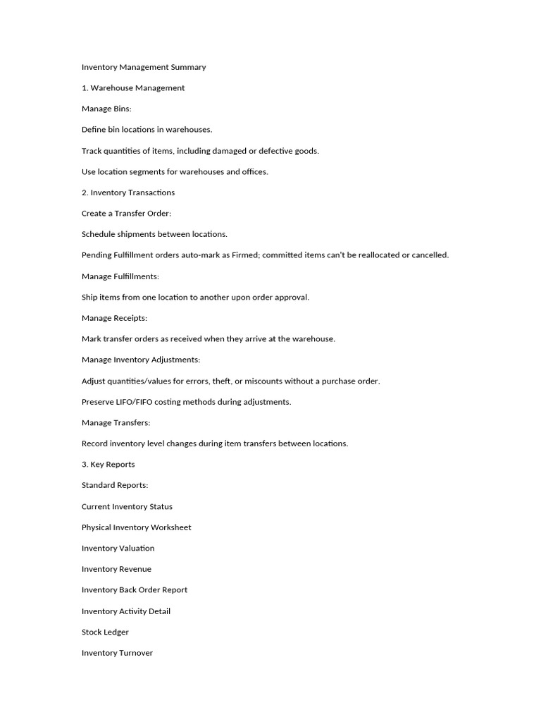 Inventory Management Summary | PDF | Finance & Money Management | Technology & Engineering