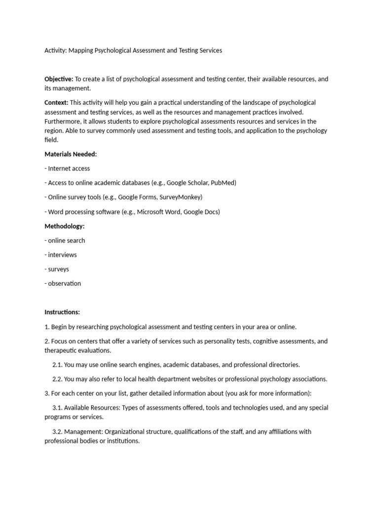 Activity Mapping Psychological Assessment and Testing Services | PDF ...