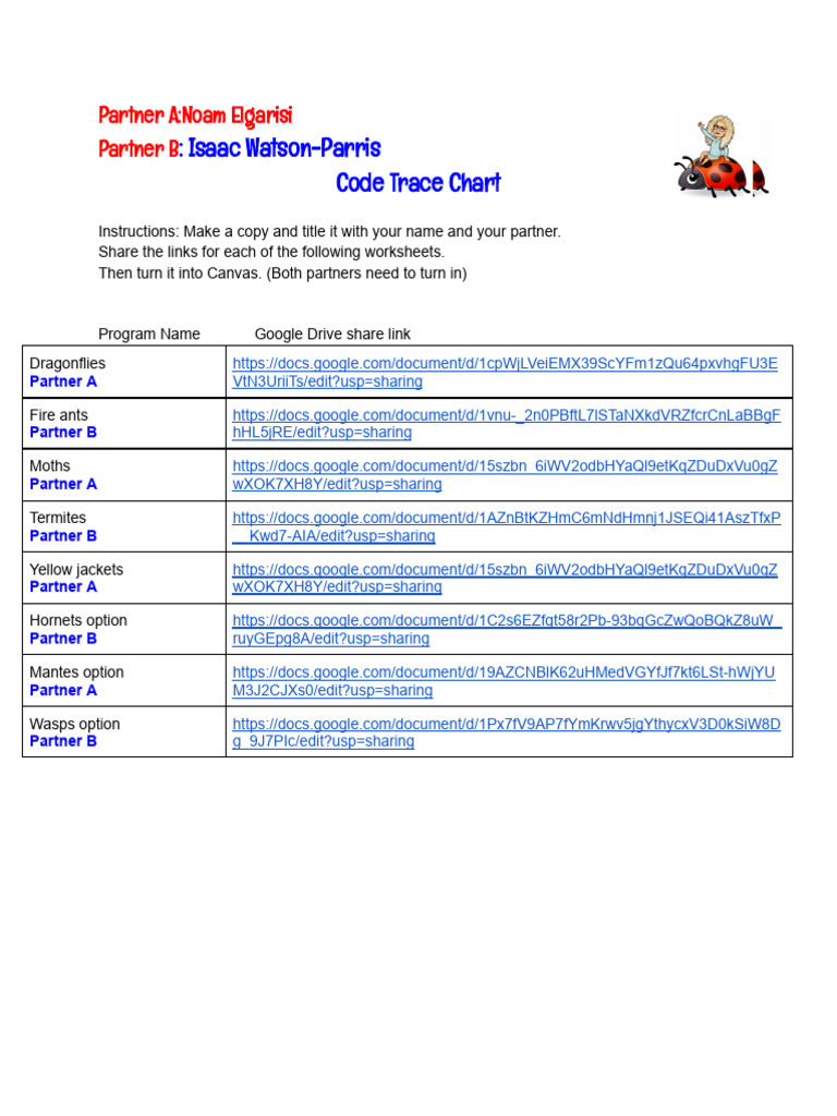 Isaac Watson-Parris Code Trace Chart: Partner A:Noam Elgarisi Partner B ...